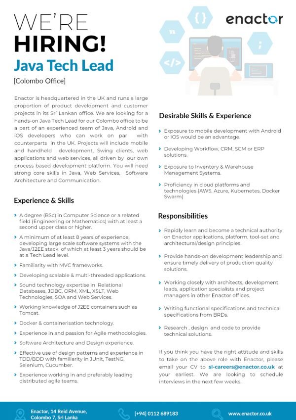 Java Tech Lead-Enactor-Colombo-Sri Lanka - Exploreture
