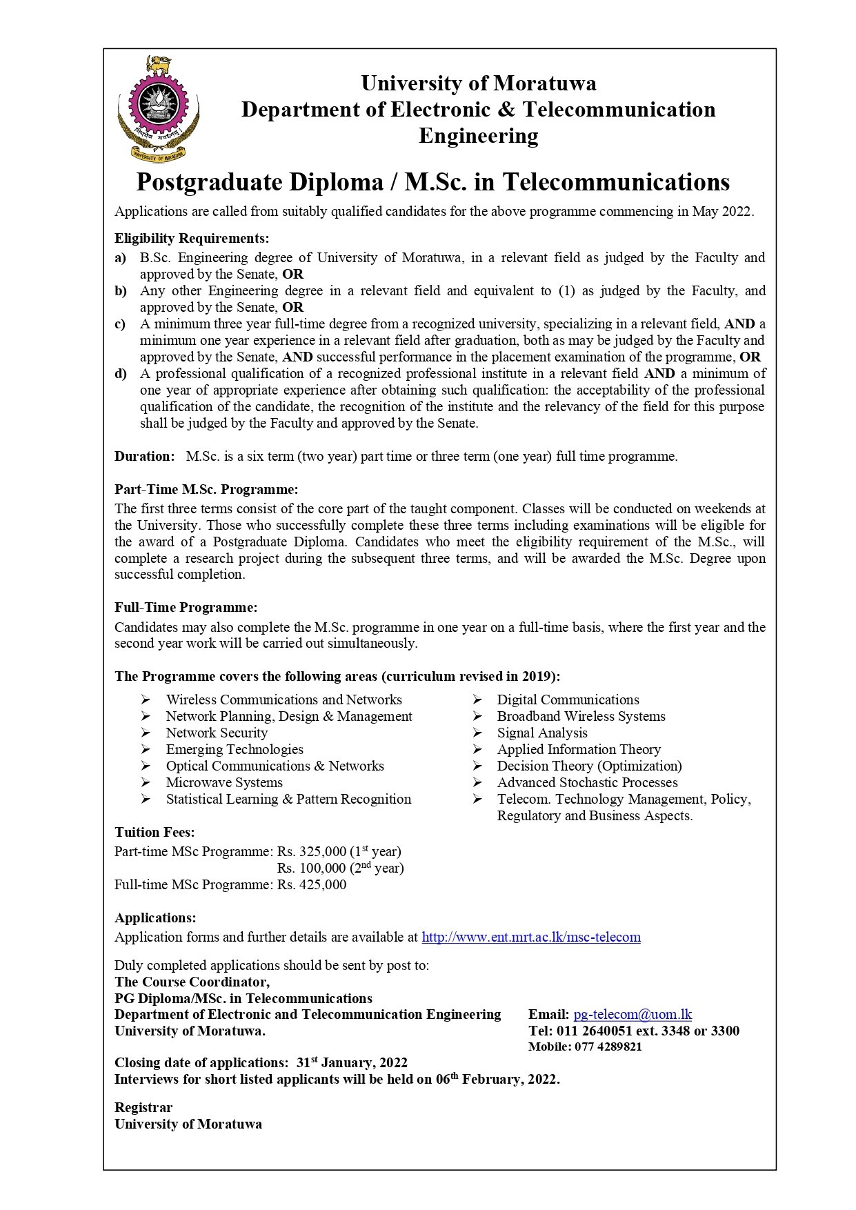 Postgraduate Diploma / M.Sc. in Telecommunications-University of ...